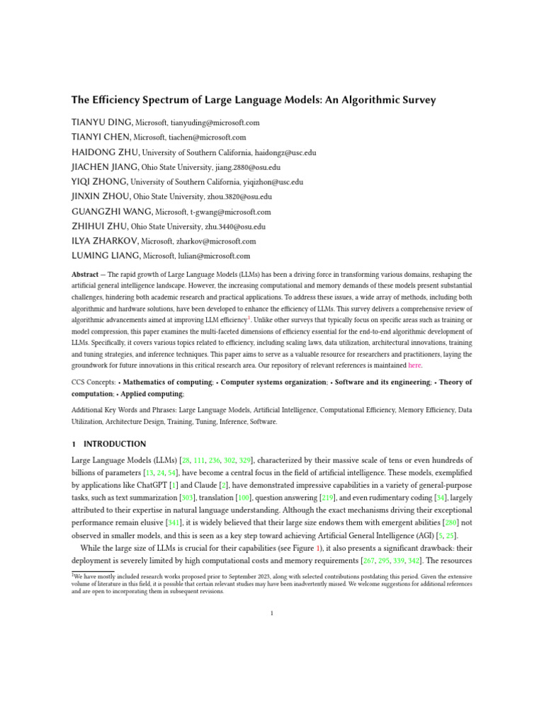 The Efficiency Spectrum of Large Language Models An Algorithmic Survey | PDF