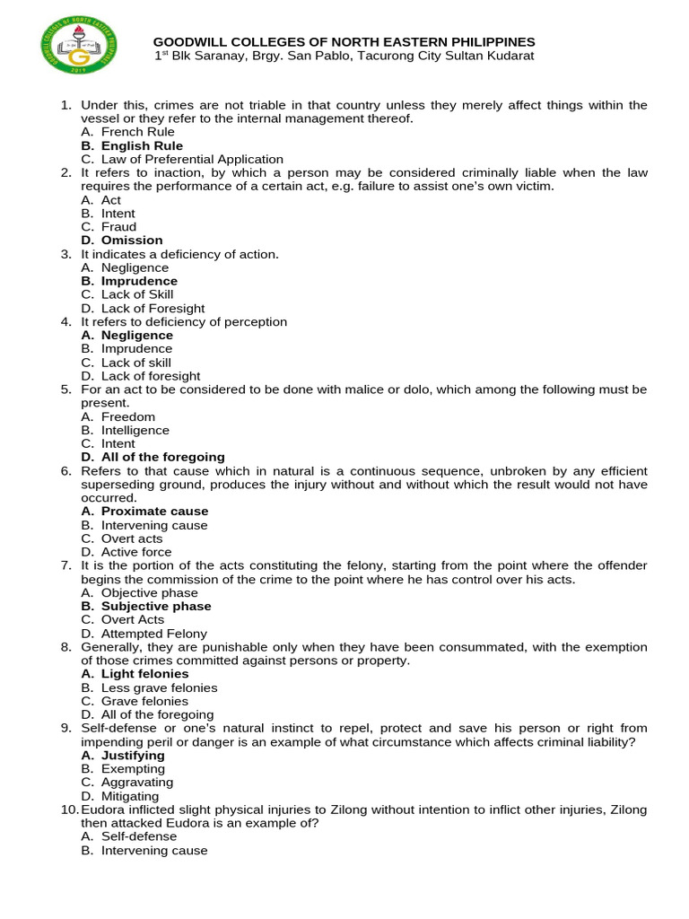 ANSWER KEY - ASSIGNMENT - Criminal Law 1 | PDF | Crimes | Crime & Violence