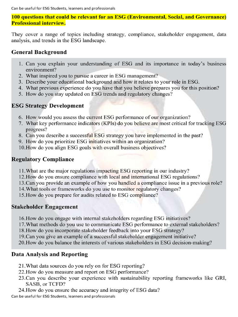 100 Questions For ESG Professional Interviews Preparation | PDF
