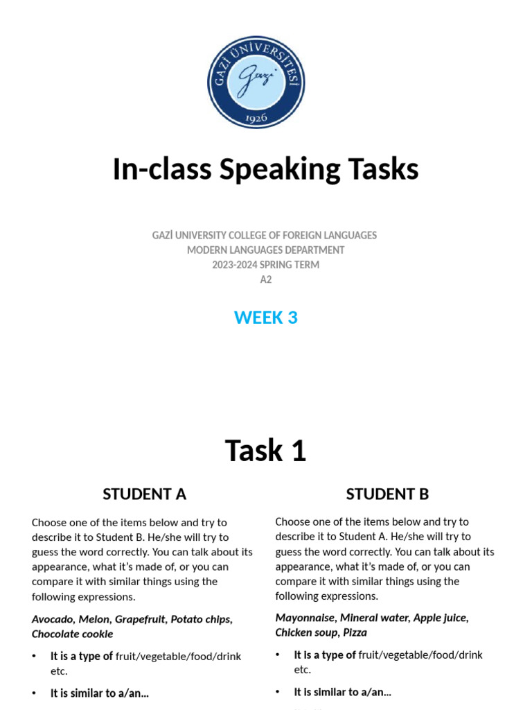 Week 3 A2 Speaking Tasks | PDF