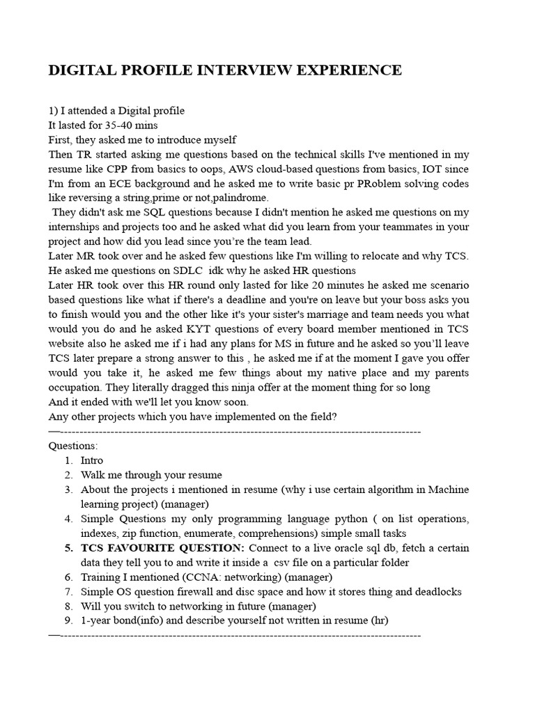 Tcs Interview Experiences | PDF