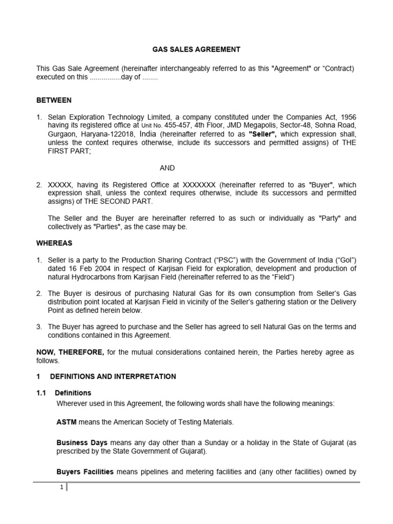 Gas Sales Agreement: India | PDF