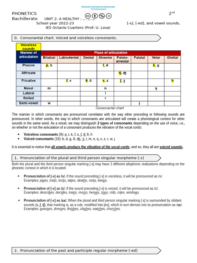 2BACH. FONÉTICA UNIDAD 2. - S, - ED, and Vowel Sounds | PDF