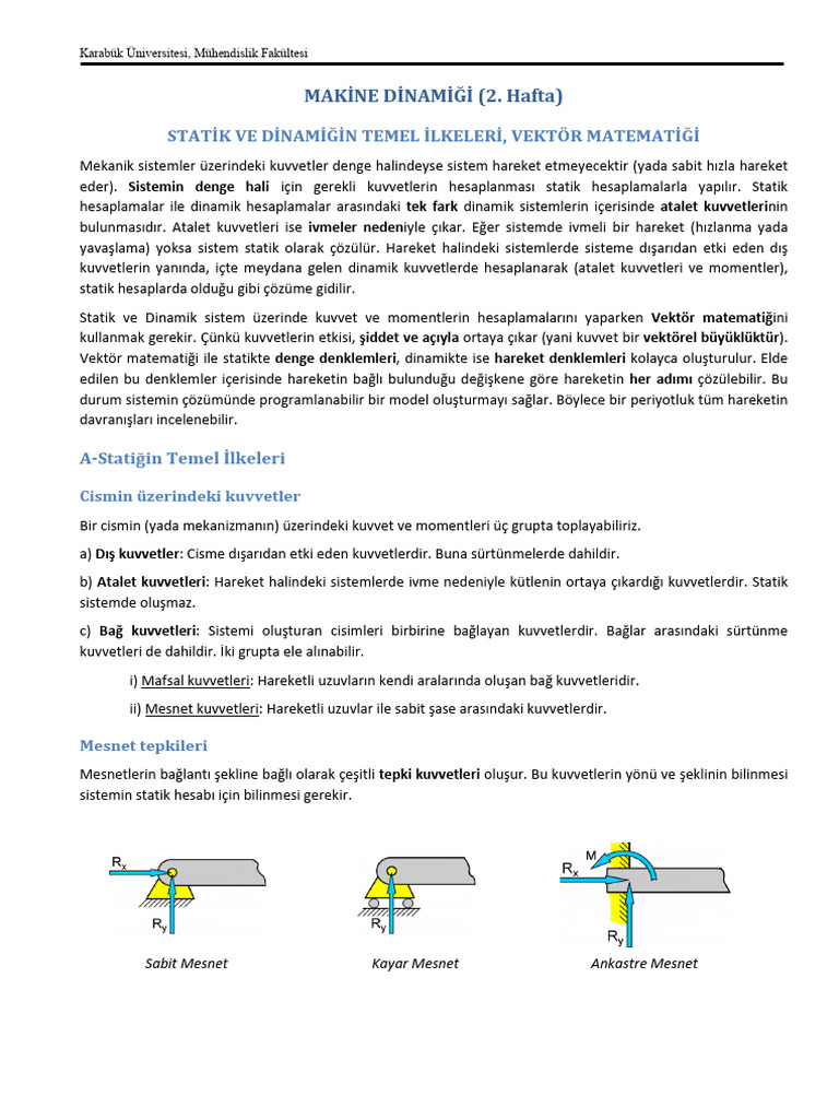 Makine Dinamiği (2. Hafta) : Statik Ve Dinamiğin İlkeleri Vektör Matematiği | PDF