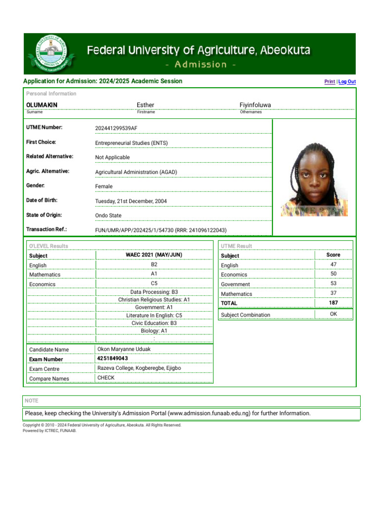 FUNAAB Admission - 2024 - 2025 Academic Session - Application Form | PDF