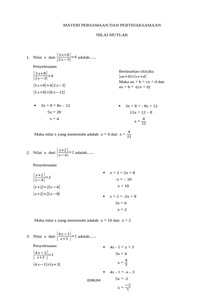Materi Persamaan Dan Pertidaksamaan Nilai Mutlak | PDF