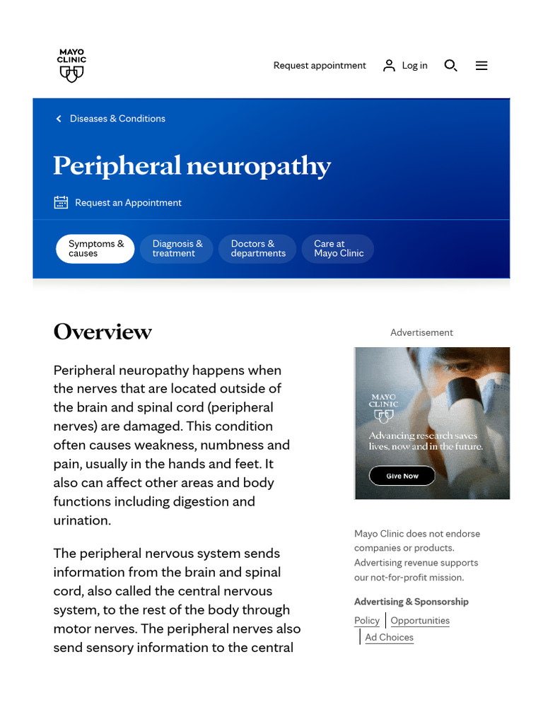 Peripheral Neuropathy - Symptoms and Causes - Mayo Clinic | PDF