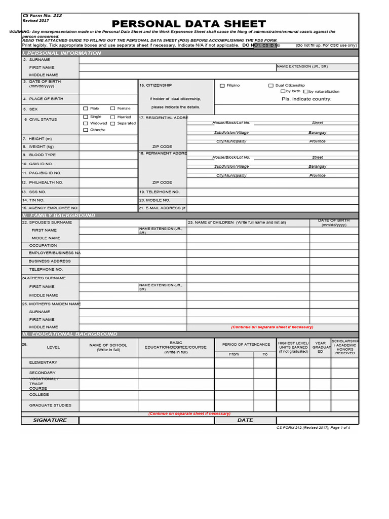 06 CSC Form 21 Revised 2017 Personal Data Sheet 1 2 | PDF