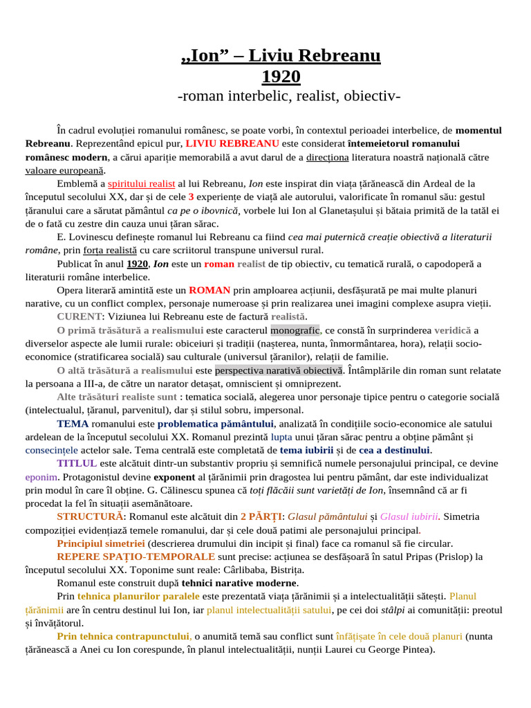 ,,ion" - Liviu Rebreanu 1920: - Roman Interbelic, Realist, Obiectiv | PDF
