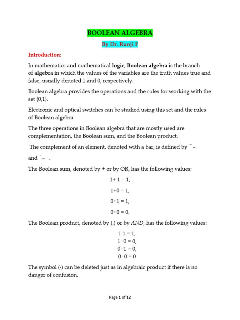 Boolean Algebras Lecture Notes | PDF
