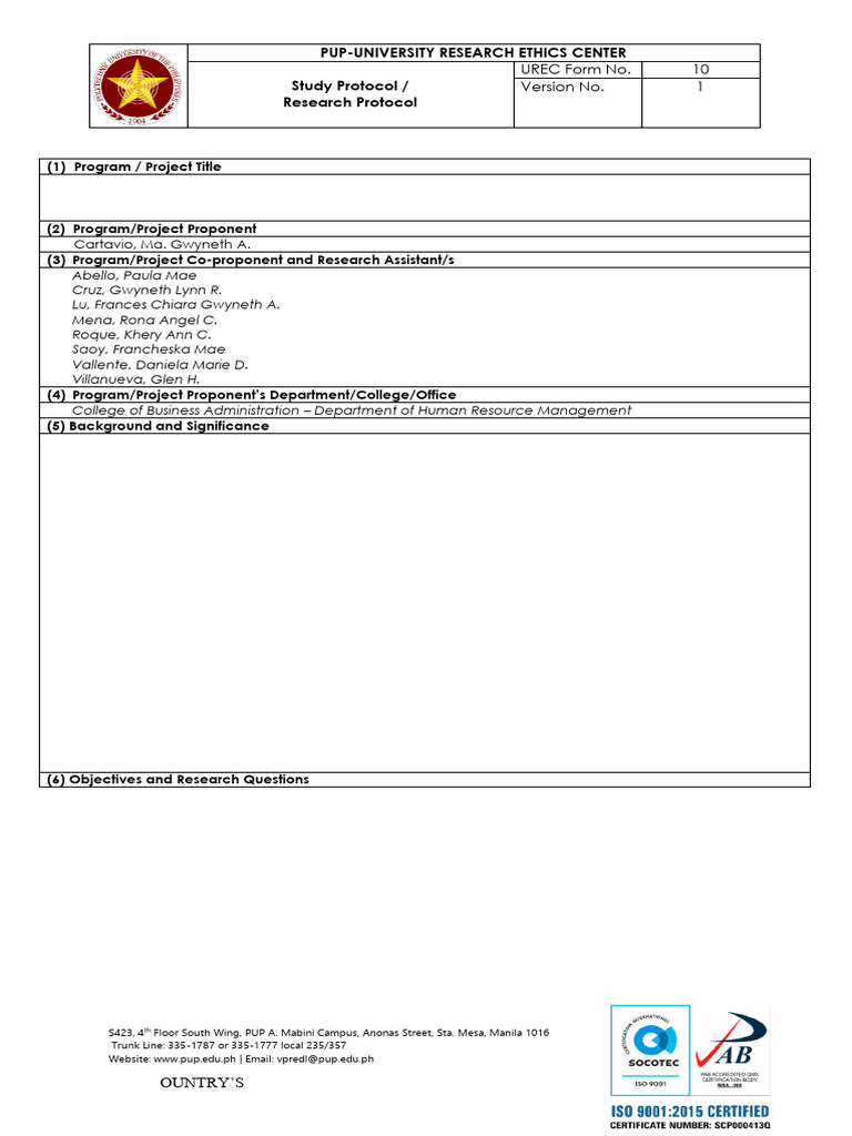 UREC-Form-10-Research-Study-Protocol | PDF