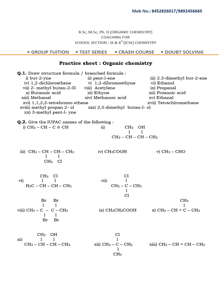 Organic Chemistry Practise Sheet | PDF