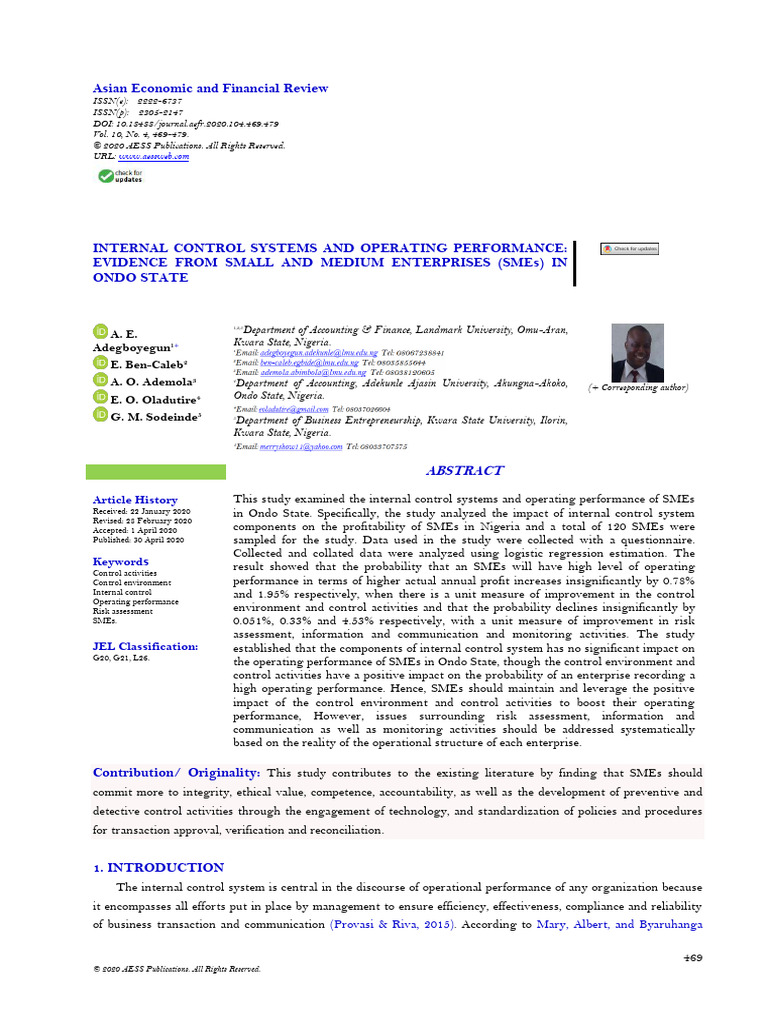 Internal Control Systems and Operating Performance Evidence From Small ...