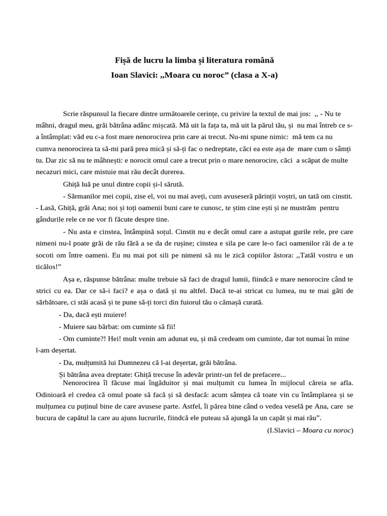 Fisa de Lucru Moara Cu Noroc | PDF