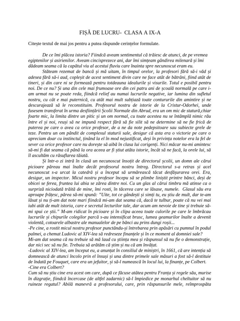 Teme Literare. Fisa de Lucru Clasa A Ixa | PDF