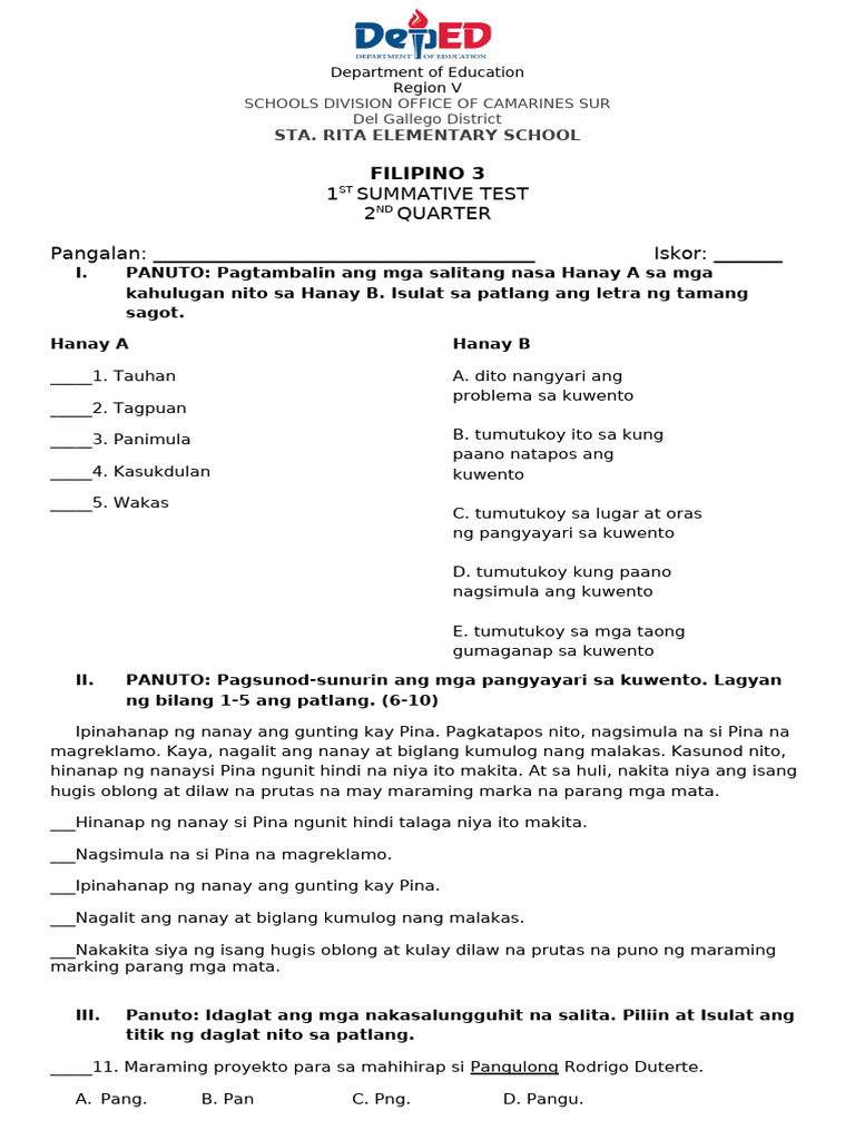 Filipino3 ST1 Q2 | PDF