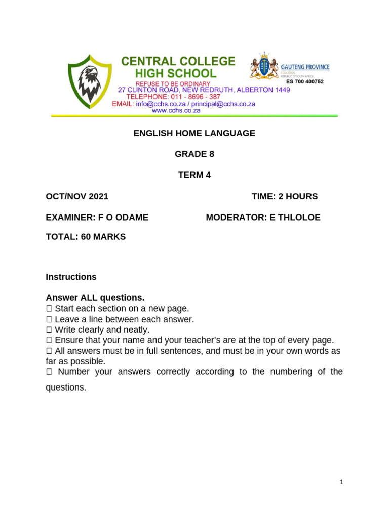 Grade 8 English Term 4 Exam Paper | PDF | Linguistics | Grammar