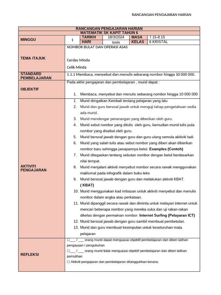 RPH RINGKAS MINGGU 1 MATH SK THN 6 2024 BY CIKGU GORGEOUS | PDF