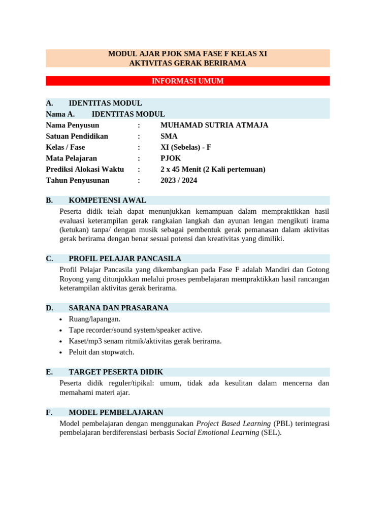 MODUL AJAR PJOK SMA FASE F KELAS XI Aktivitas Gerak Berirama | PDF