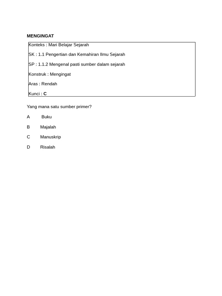 Soalan Objektif Sejarah Tahun 4 | PDF