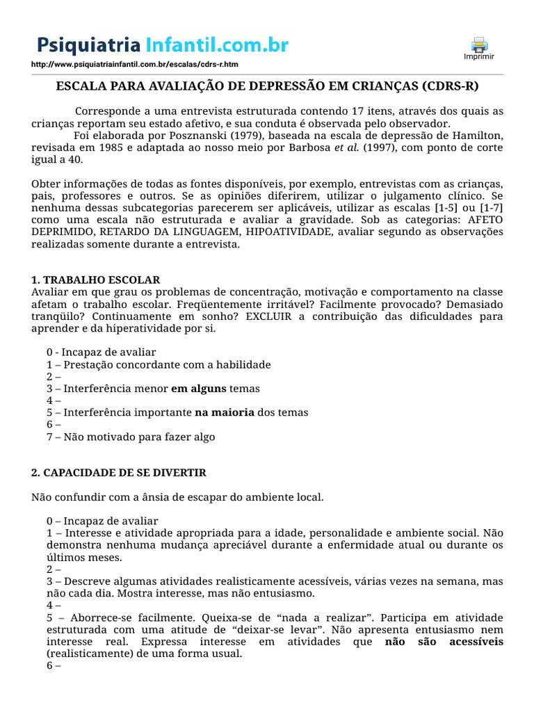 Escala para Avaliação de Depressão em Crianças (CDRS-R) | PDF