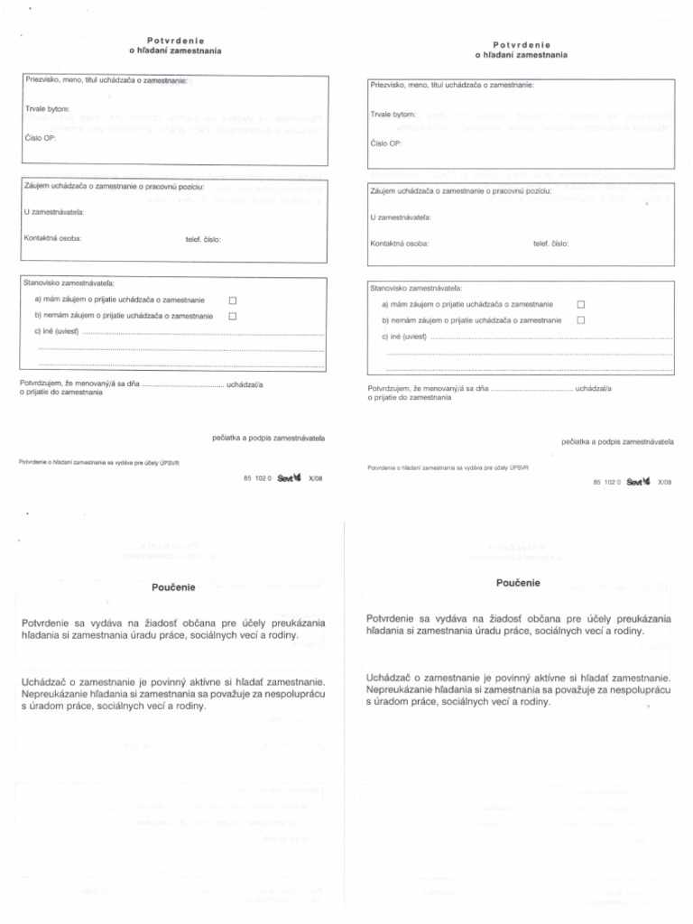 Potvrdenie o Hľadaní Zamestnania | PDF