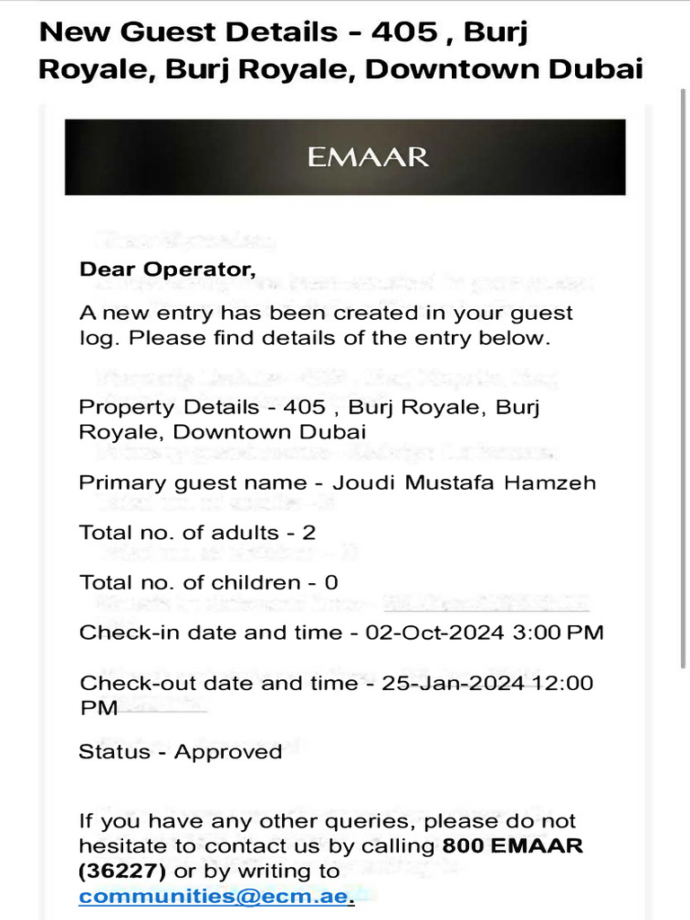 Dear Operator,: A New Entry Has Been Created in Your Guest Log. Please ...