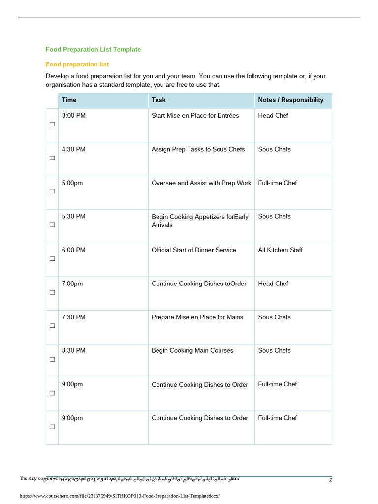 SITHKOP013 Food Preparation List Template - Docx 1 | PDF
