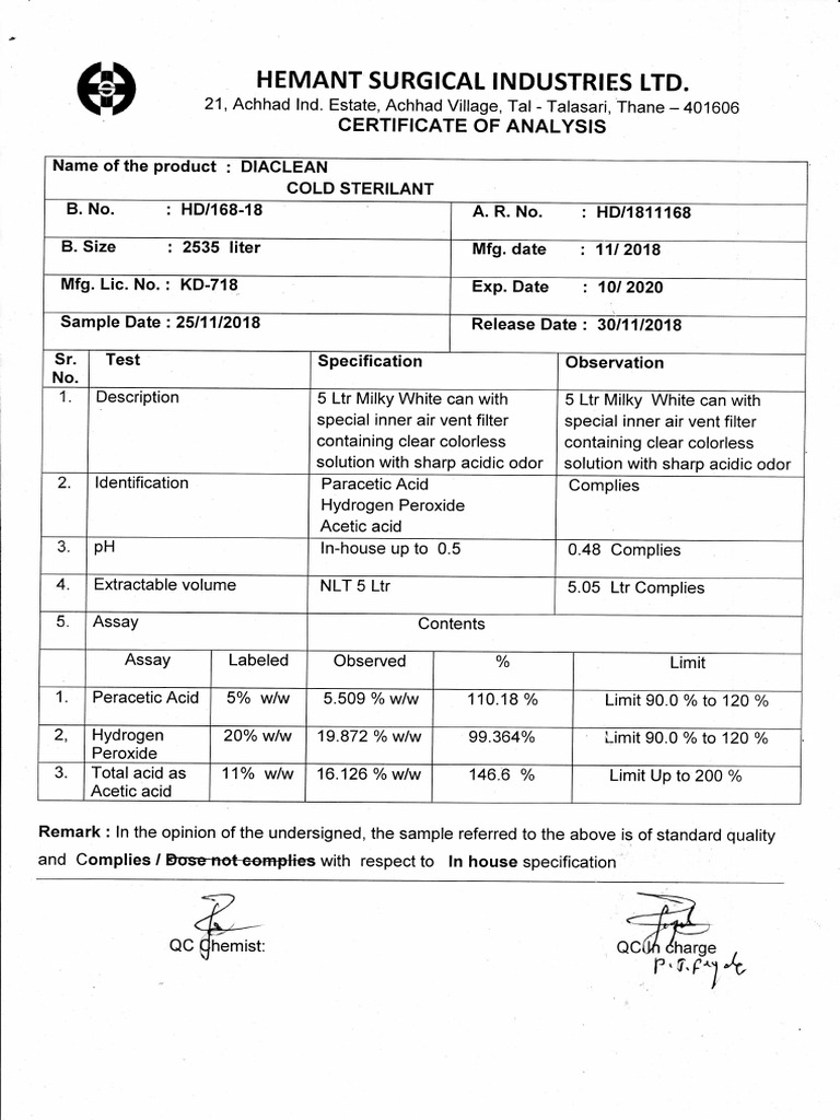 Coa - Diaclean Coa 30.11.2018 | PDF | Chemical Compounds | Chemical ...