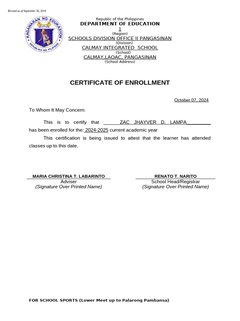 Certificate of Enrollment 2024-2025 | PDF