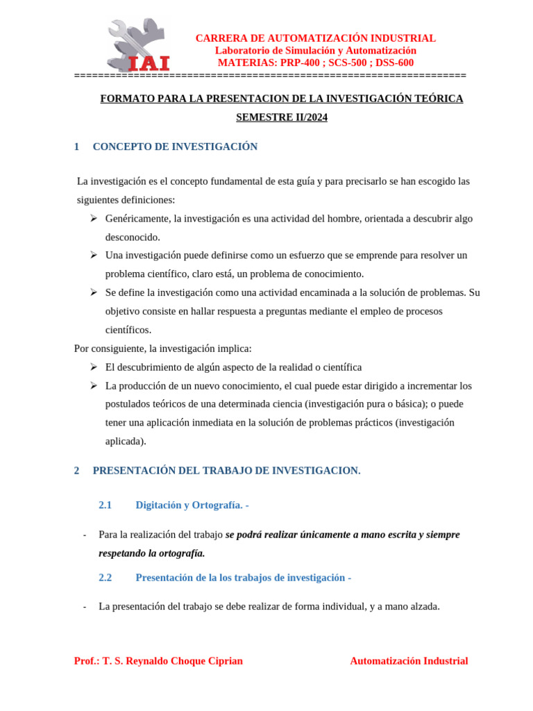 Formato para La Presentacion de La Investigacion Teorica 2 - 2024 | PDF