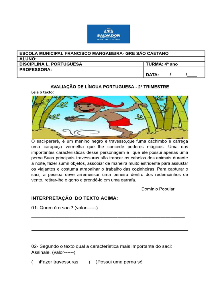 AVALIAÇÃO DE PORTUGUÊS 2° TRIMESTRE | PDF