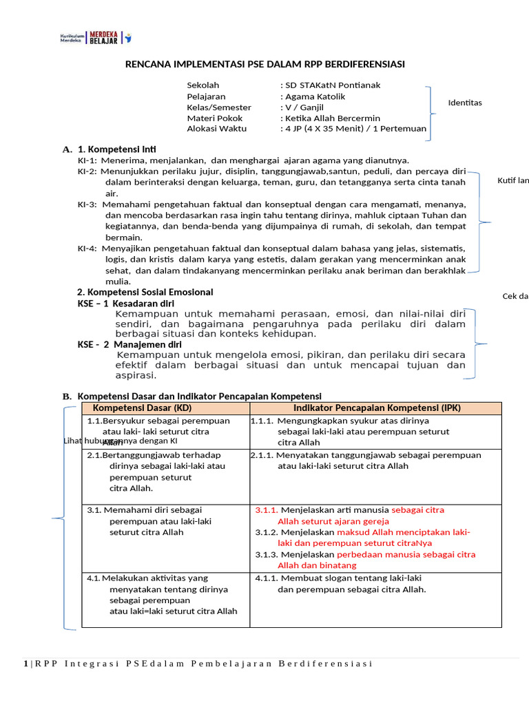 RPP Integrasi PSE Dan Pembelajaran Berdiferensisasi Kelas 5 | PDF