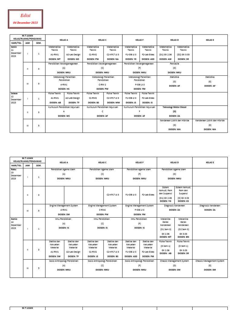 Jadwal UAS Semester Gasal 2023-2024 | PDF