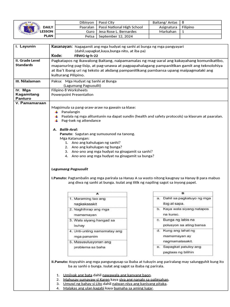 sanhi.fil.4th-day.DAILY-LESSON-PLAN-grade-8 | PDF