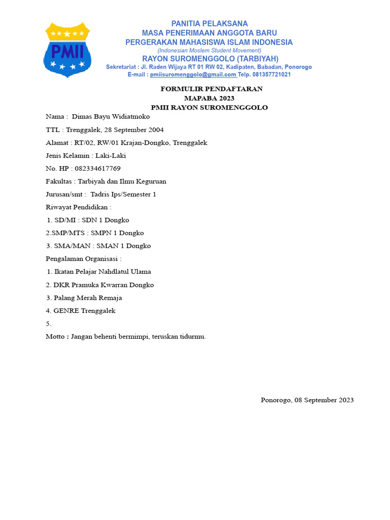 Formulir Pendaftaran MAPABA PMII Rayon Suromenggolo | PDF