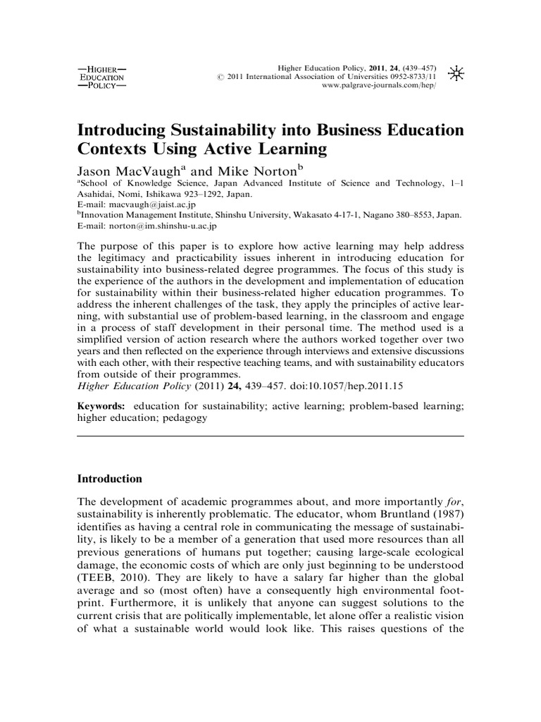 2011 - Introducing Sustainability Into Business Education Contexts ...