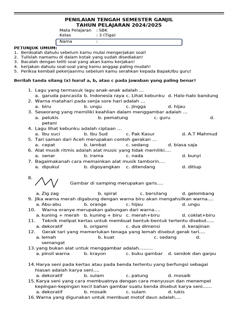 Soal PTS SBK Kelas 3 | PDF