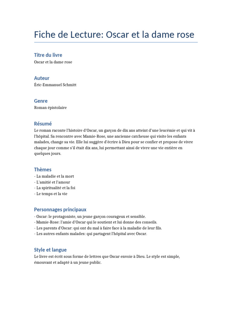 Oscar Et La Dame Rose Fiche de Lecture 2 | PDF