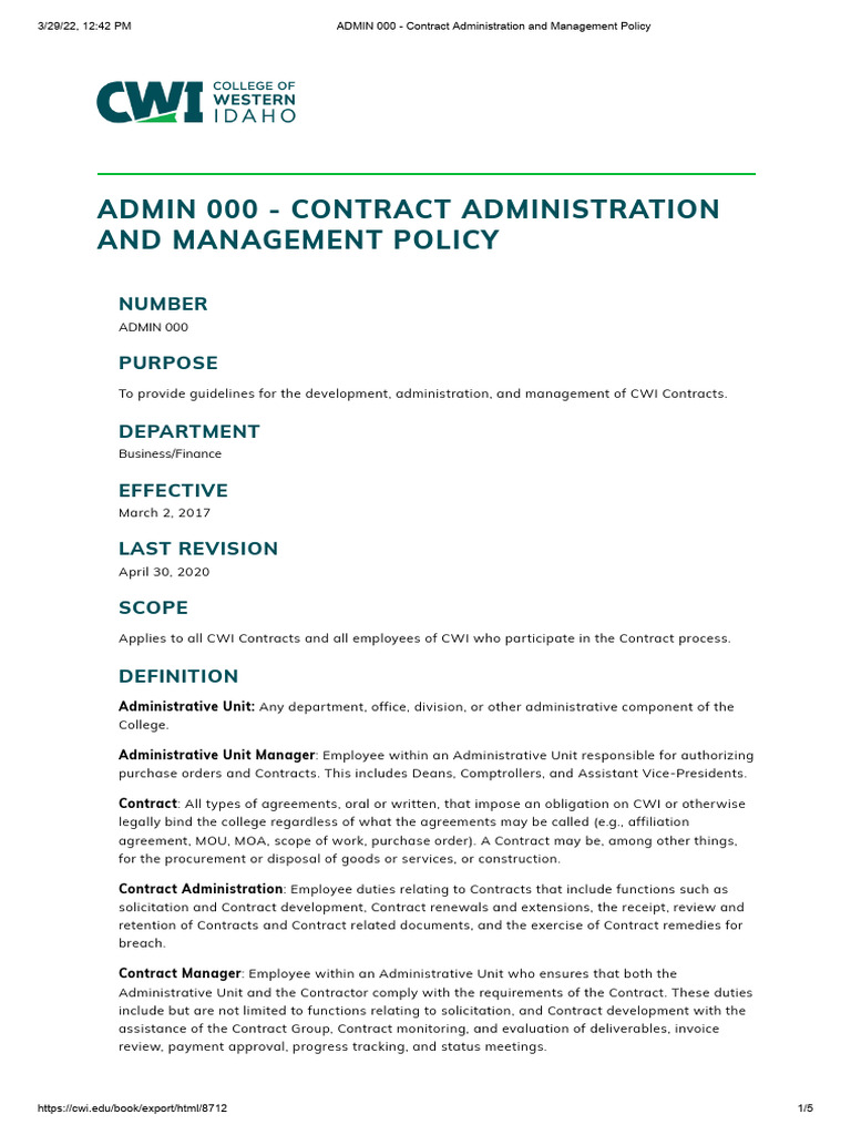 ADMIN 000 - Contract Administration and Management Policy | PDF | Non ...