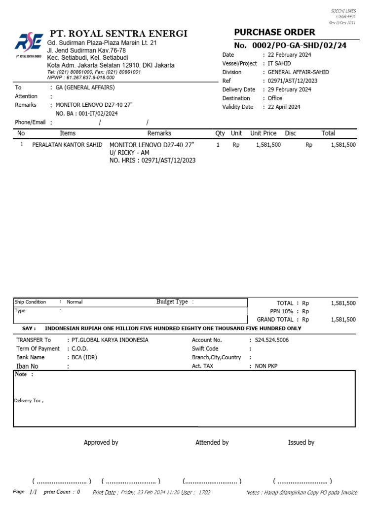 Rse 0002po-Ga-Shd0224 - Ok | PDF | Receipt | Indonesian Rupiah