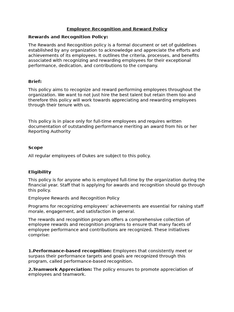 Employee Recognition and Reward Policy | PDF