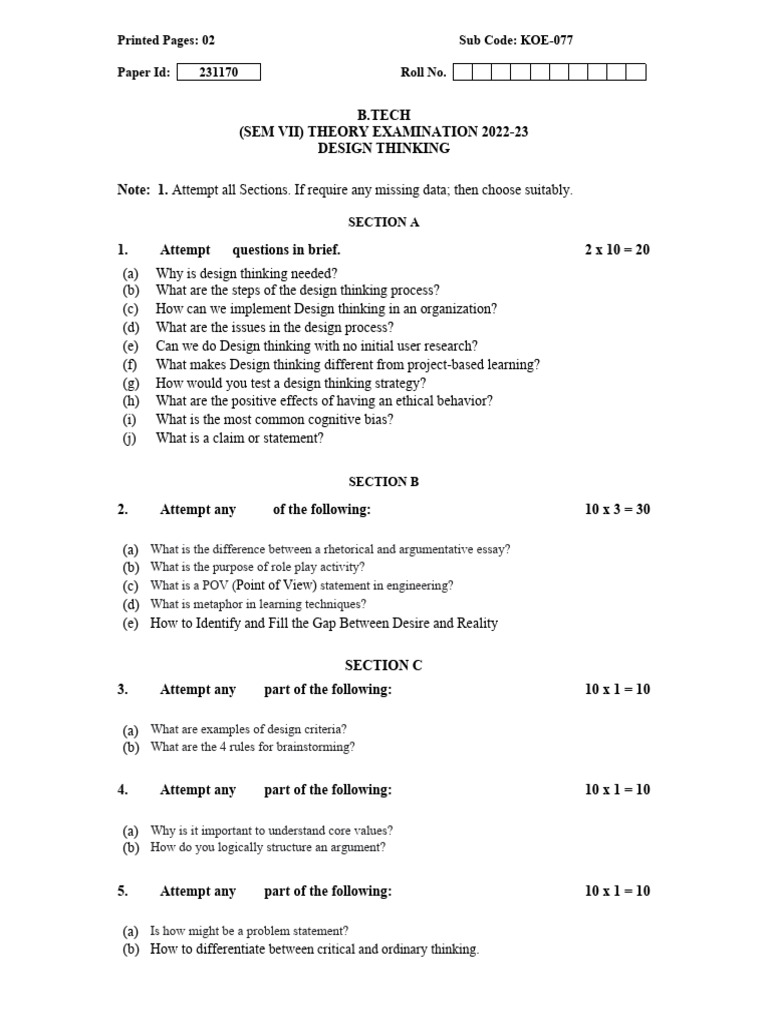 Btech Oe 7 Sem Design Thinking Koe077 2023 | PDF