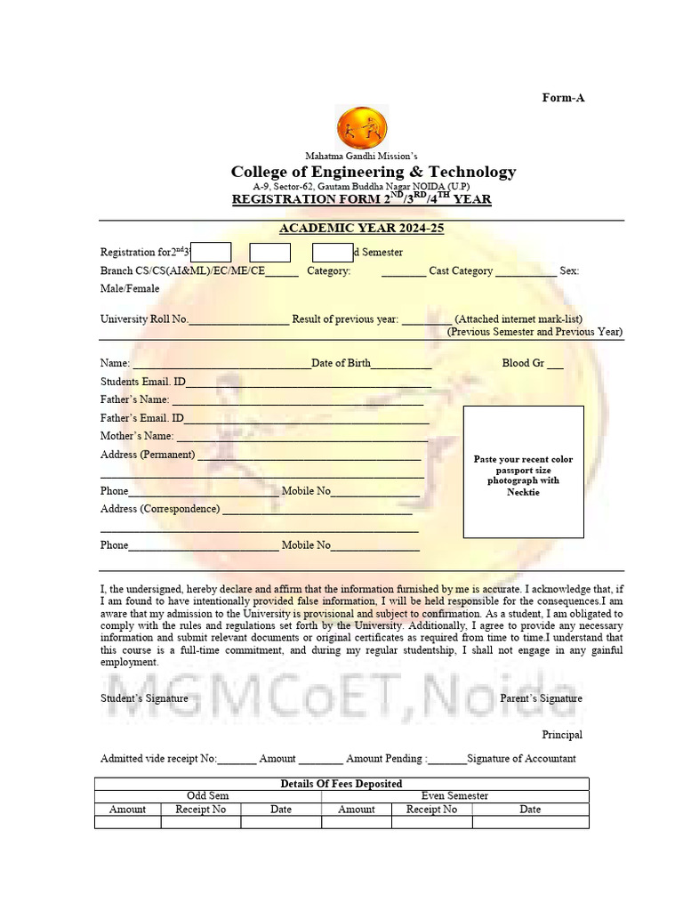 Registration-Form-Odd-Sem-2024-25 | PDF