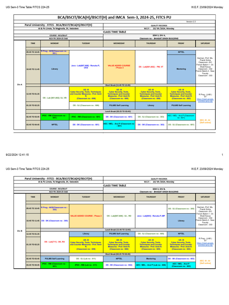 Time Table UG Sem-3 WEF 23 Sep 24 | PDF