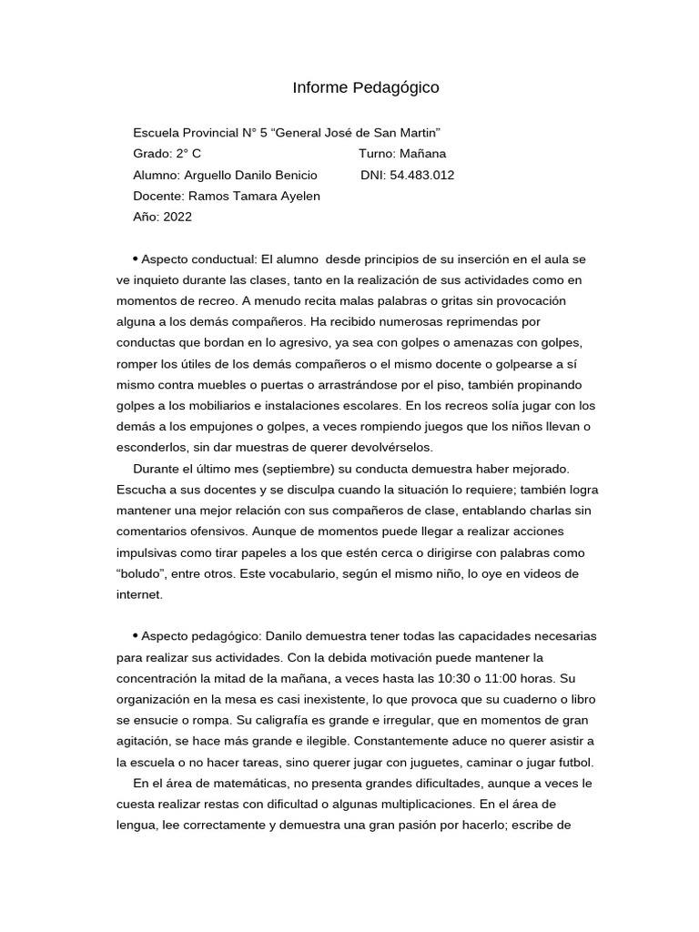 Informe Pedagógico Danilo Arguello | PDF