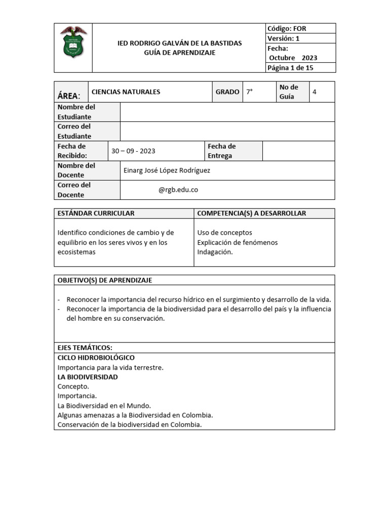 Guia de Aprendizje 4to Periodo - Ciclo Hidrobiologico y Biodiversidad | PDF
