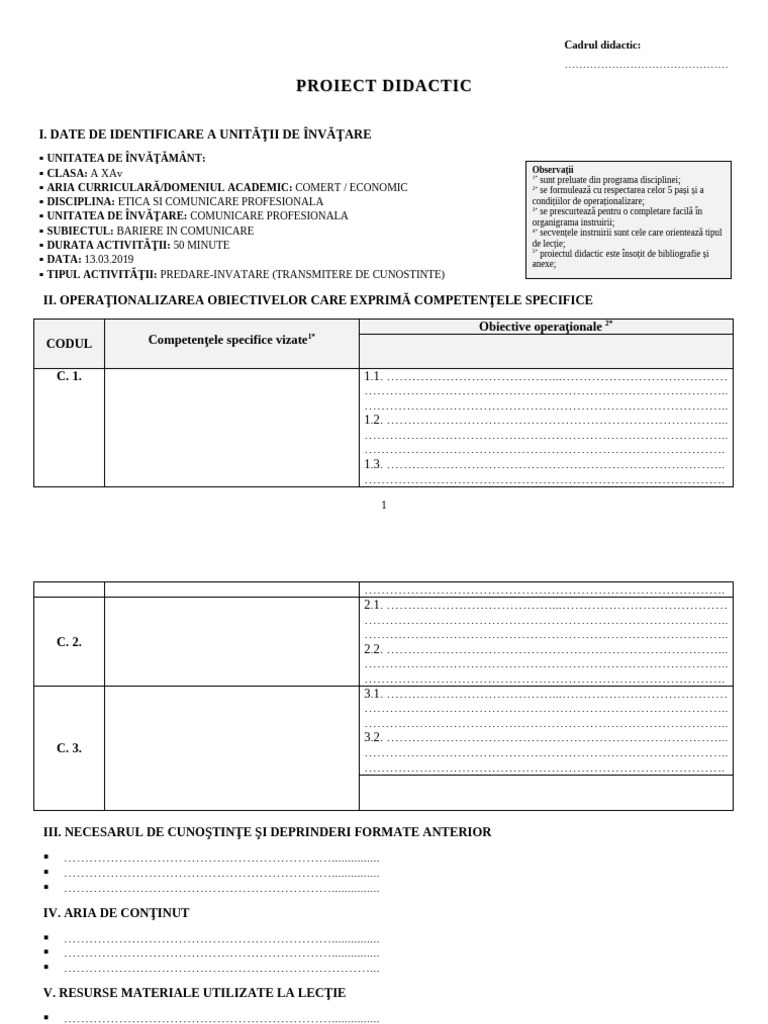 Proiect Didactic (Sablon) | PDF