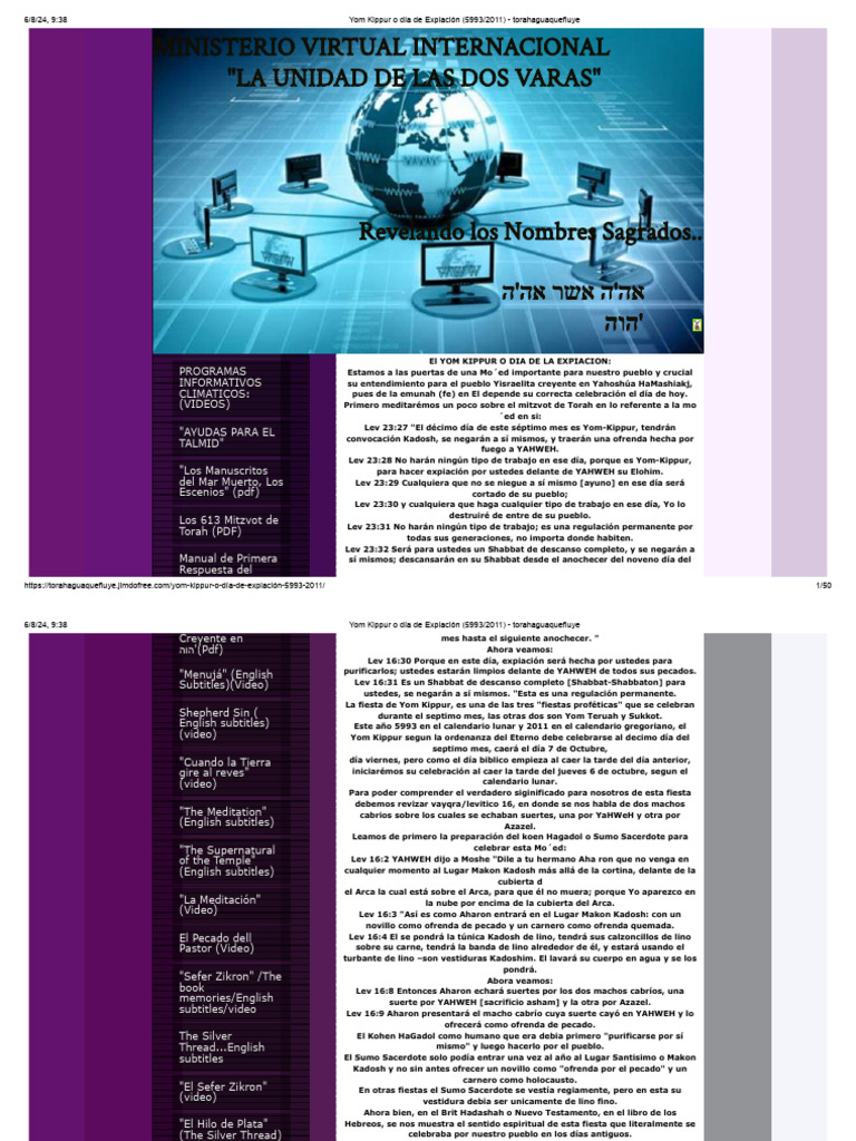 Yom Kippur O Día De Expiación 5993 2011 Torahaguaquefluye Pdf
