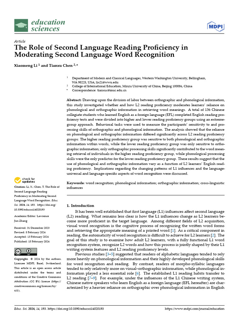 The Role of Second Language Reading Proficiency in Moderating Second Language Word ...